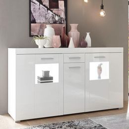 Lomadox Sideboard mit 2 Glastüren CLAVI-61 in Hochglanz weiß, b/h/t ca.: 144/82/40 cm - weiß