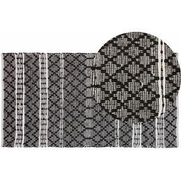 Beliani - Teppich Schwarz Beige Echtleder 80 x 150 cm Kurzflor Geometrisches Muster Handgefertigt Rechteckig - Beige