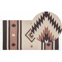 Beliani - Kelim-Teppich Beige und Braun Baumwolle 80x150 cm mit Fransen Geometrischem Muster Handgewebt Zweiseitig Läufer Modern Wohnzimmer