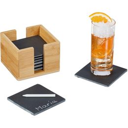 Schiefer Untersetzer 8er Set, mit Bambus Box, Getränkeuntersetzer, 10x10 cm, Schieferplatte Gläser, anthrazit - Relaxdays