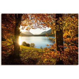 Wandbild Artland "Herbst am Sylvensteinsee" Bilder Gr. B/H: 90 cm x 60 cm, Leinwandbild Gewässer Querformat, 1 St., orange Kunstdrucke