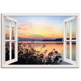 Leinwandbild Artland "Fensterblick - Abendrot im Schilf, weiß" Bilder Gr. B/H: 100 cm x 70 cm, Fensterblick Querformat, 1 St., weiß Leinwandbilder