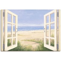 Wandbild Artland "Fensterblick Frühlingsmorgen" Bilder Gr. B/H: 100 cm x 70 cm, Leinwandbild Fensterblick, 1 St., beige (naturfarben) Kunstdrucke