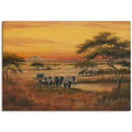 Wandbild Artland "Afrika Elefanten" Bilder Gr. B/H: 100 cm x 70 cm, Leinwandbild Afrika, 1 St., orange Kunstdrucke