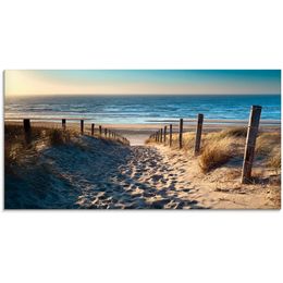 Glasbild Artland "Weg zum Nordseestrand Sonnenuntergang" Bilder Gr. B/H: 100 cm x 50 cm, Strand, 1 St., beige (naturfarben) Glasbilder