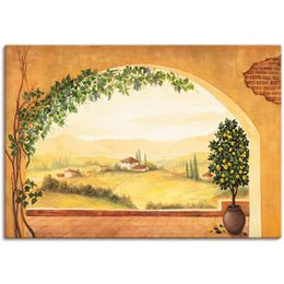 Wandbild Artland "Weinranken vor der Toskanalandschaft" Bilder Gr. B/H: 100 cm x 70 cm, Leinwandbild Fensterblick, 1 St., beige (naturfarben) Kunstdrucke