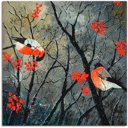 Wandbild Artland "rote Vögel im Winter" Bilder Gr. B/H: 100 cm x 100 cm, Leinwandbild Vögel quadratisch, 1 St., rot Kunstdrucke