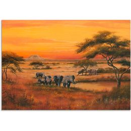Wandbild Artland "Afrika Elefanten" Bilder Gr. B/H: 100 cm x 70 cm, Alu-Dibond-Druck Afrika, 1 St., orange Kunstdrucke