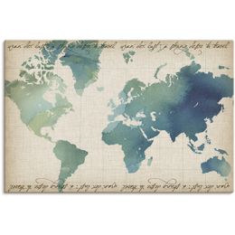Leinwandbild Artland "Wasserfarben Weltkarte" Bilder Gr. B/H: 90 cm x 60 cm, Landkarten Querformat, 1 St., beige (naturfarben) Leinwandbilder