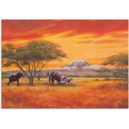 Wandbild Artland "Elefanten" Bilder Gr. B/H: 100 cm x 70 cm, Alu-Dibond-Druck Elefanten Bilder Querformat, 1 St., orange Kunstdrucke