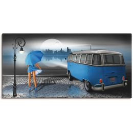 Wandbild Artland "Regennacht in Blau mit Bulli T1" Bilder Gr. B/H: 100 cm x 50 cm, Leinwandbild Auto, 1 St., blau Kunstdrucke