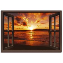 Wandbild Artland "Fensterblick Sonnenuntergang am Strand" Bilder Gr. B/H: 100 cm x 70 cm, Leinwandbild Fensterblick Querformat, 1 St., braun Kunstdrucke