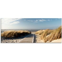Glasbild Artland "Nordseestrand auf Langeoog - Steg" Bilder Gr. B/H: 125 cm x 50 cm, Strand, 1 St., beige (naturfarben) Glasbilder