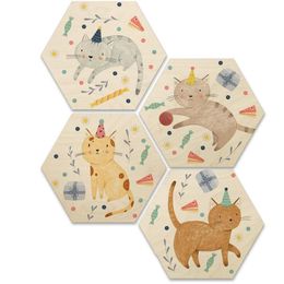 Mehrteilige Bilder Wall-Art "Katzengeburtstag Kinderzimmer" Gr. B/H/T: 25 cm x 1 cm x 22 cm, 4 St., bunt (mehrfarbig) Mehrteilige Bilder