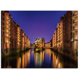 Glasbild Artland "Hamburg Speicherstadt bei Nacht" Bilder Gr. B/H: 80 cm x 60 cm, Glasbild Gebäude Querformat, 1 St., goldfarben Glasbilder