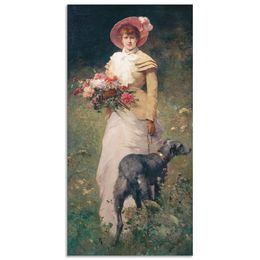 Alu-Dibond-Druck Artland "Frau mit Hund" Bilder Gr. B/H: 50 cm x 100 cm, Portrait Hochformat, 1 St., beige (naturfarben) Metallbilder