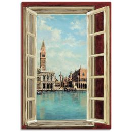 Wandbild Artland "Fenster mit Blick auf Venedig" Bilder Gr. B/H: 70 cm x 100 cm, Leinwandbild Fensterblick, 1 St., beige (naturfarben) Kunstdrucke