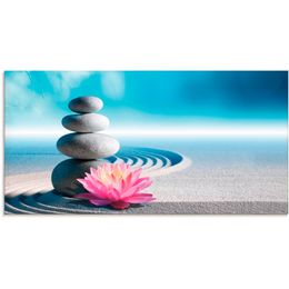 Glasbild Artland "Sand, Lilie und Spa-Steine in Zen-Garten" Bilder Gr. B/H: 100 cm x 50 cm, Zen, 1 St., blau Glasbilder