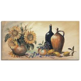 Wandbild Artland "Stillleben mit Sonnenblumen" Bilder Gr. B/H: 100 cm x 50 cm, Leinwandbild Vasen & Töpfe Querformat, 1 St., braun Kunstdrucke
