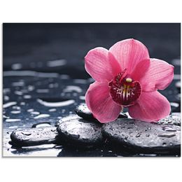 Glasbild Artland "Stillleben mit Kiesel und einer Orchidee" Bilder Gr. B/H: 80 cm x 60 cm, Blumen, 1 St., pink Glasbilder