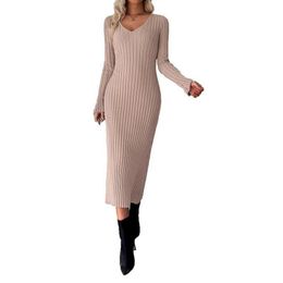 TZTA Trading UG Midikleid Damen V-Ausschnitt Maxikleid Elegant Etuikleid Langarm Pullover Kleid