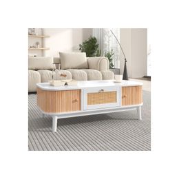 Ulife TV-Schrank Couchtisch Rattan-Kaffeetisch Massivholzbeine Natürlicher Landhausstil Schubladen mit Rattan und Schiebetüren mit Massivholzlatten