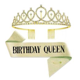 SOTOR Diadem 2 Stück Birthday Queen Schulterkette und Krone (Mädchen Geburtstagskrone Diamantkrone Dekoration für Mädchen Frauen für Geburtstagsfeier oder Brautparty)