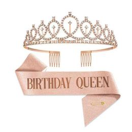 SOTOR Diadem 2 Stück Birthday Queen Schulterkette und Krone (Mädchen Geburtstagskrone Diamantkrone Dekoration für Mädchen Frauen für Geburtstagsfeier oder Brautparty)