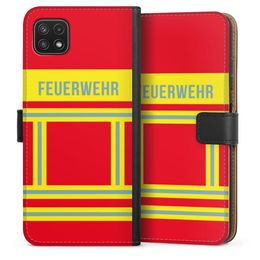 DeinDesign Galaxy A22 5G Handy Klapph&uuml;lle Handyh&uuml;lle aus Kunst Leder schwarz Flip Case Fire Fighters Fire Fighter Life Saver Sideflip mit langer Lasche
