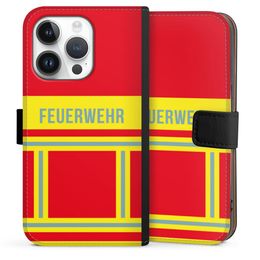 DeinDesign iPhone 14 Pro Handy Klapph&uuml;lle Handyh&uuml;lle aus Kunst Leder schwarz Flip Case Fire Fighters Life Saver Fire Fighter Sideflip mit langer Lasche