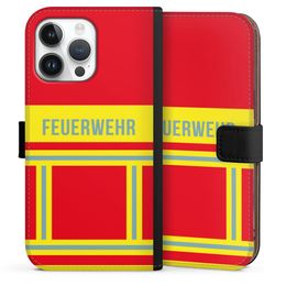 DeinDesign iPhone 14 Pro Max Handy Klapph&uuml;lle Handyh&uuml;lle aus Kunst Leder schwarz Flip Case Fire Fighters Life Saver Fire Fighter Sideflip mit Lasche
