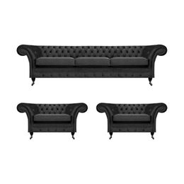 JVmoebel Wohnzimmer-Set Chesterfield Schwarz Polstermöbel Sofagarnitur Set 3tlg Wohnzimmer