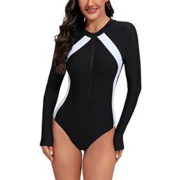 B.X Rash Guard Langärmliger Damen-Surfanzug mit Sonnenschutz und Reißverschluss Modischer einteiliger Surf-Badeanzug mit Farbblockdesign