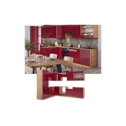 VICCO Eckküche Küchenzeile Einbauküche Fame-Line Eiche Bordeaux Rot 227x287 cm modern Spülenunterschrank Schubunterschrank Eckunterschrank Herdumbauschrank Hängeschrank Kühlumbauschrank Hängeglasschrank