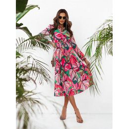 TZTA Trading UG Dirndl V-Ausschnitt lange Ärmel florale Spitze Plissee Kleid für Frauen (1-tlg)
