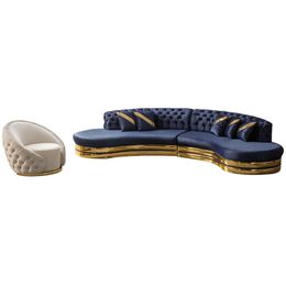 JVmoebel Wohnzimmer-Set Sofagarnitur Polstermöbel Blau 2x 4-Sitzer Sofas Sessel Luxus