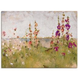 Wandbild Artland "Stockrosen am Meer" Bilder Gr. B/H: 120 cm x 90 cm, Leinwandbild Blumen Querformat, 1 St., grün Kunstdrucke