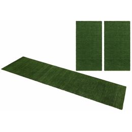 Bettumrandung Theko "Gabbeh Uni, Handweb Teppich, meliert, reine Schurwolle" Gr. B/L (Brücke): 70 cm x 140 cm (2 St.) B/L (Läufer): 70 cm x 320 cm (1 St.), rechteckig, grün (dunkelgrün) Bettumrandungen