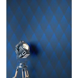 Tapete Blau Vliestapete Leicht Glänzend - Retro Modern Dunkelblau Rauten Punkte Mustertapete Grafisch Metalic - Muster1 - Newroom
