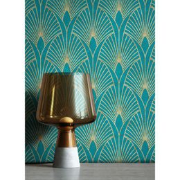 Newroom - Tapete Blau Vliestapete Pfauenfeder - Mustertapete Modern Gold Petrol Blätter Ornament Retro Grafisch 50er Art - Muster1