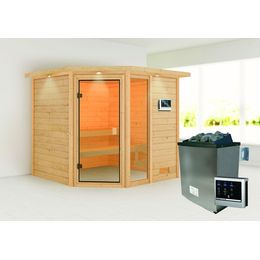 Karibu Sauna "Kühlungsborn" mit Kranz SET naturbelassen mit Ofen 9 kW ext. Strg.