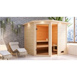 KARIBU HOLZTECHNIK GMBH Karibu Sauna "Kühlungsborn" mit Kranz SET naturbelassen mit Ofen 9 kW integr. Strg.
