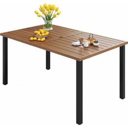Gartentisch Esstisch Terrassentisch 152x92x73cm rechteckiger Outdoor-Esstisch mit teakfarbener Holzähnlicher Metall Tischplatte, Stahlrahmen mit 4cm