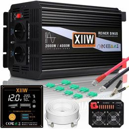 Xiiw - Wechselrichter 2000W /4000W Spannungswandler Reiner Sinus 12V 230V mit 4M lcd Fernbedienung, 2 Europäische Steckdose und 4 USB-Anschlüsse lcd