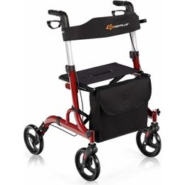 Rollator faltbar, höhenverstellbare Gehhilfe inkl. Griffe & Sitz mit Rückengurt, Laufhilfe mit Rädern, Tasche & Stockhalter, Gehwagen aus Alu bis