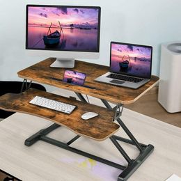 Goplus - Sit-Stand Workstation, Hoehenverstellbarer Schreibtischaufsatz, ergonomischer Sitz-Steh-Schreibtisch aus Metallgestellund Spannplatte,