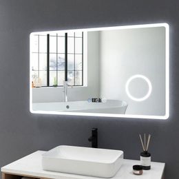 Badspiegel mit Beleuchtung Badezimmerspiegel mit 3-Fach Vergrößerung 3 Lichtfarbe led Wandspiegel 100x60cm mit Touch-Schalter, Uhr, Dimmbar - Meykoers