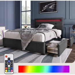 Polsterbett Betten mit Bettkästen Einzelbett 90x200cm mit LED-Beleuchtung und 2 Schubkästen Grau - grau