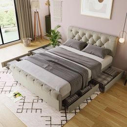 Stauraumbett Betten mit Bettkästen Höhenverstellbares Kopfteil mit 4 Schubladen Doppelbett 140x200 cm - Natürlich