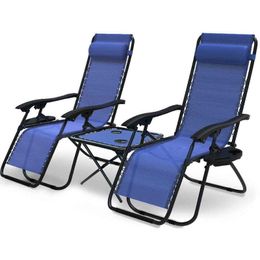 2er-Set Liegestuhl Klappbar mit Beistelltisch, Relaxstuhl Garten mit Getränkehalter und Kopfpolster, Blau - VOUNOT